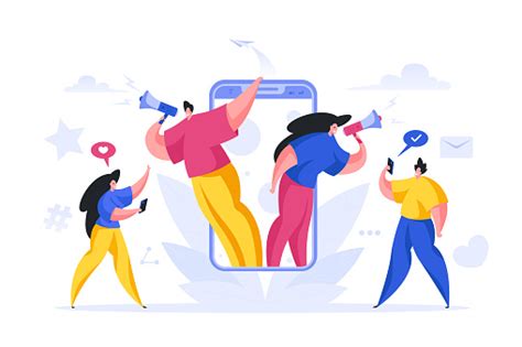 온라인 신입 사원 벡터 만화 개념을 호출 하는 관리자 스마트 폰에서 메가 폰과 남성과 여성 캐릭터는 새로운 프로젝트에 대해 소리 개념에 대한 스톡 벡터 아트 및 기타 이미지