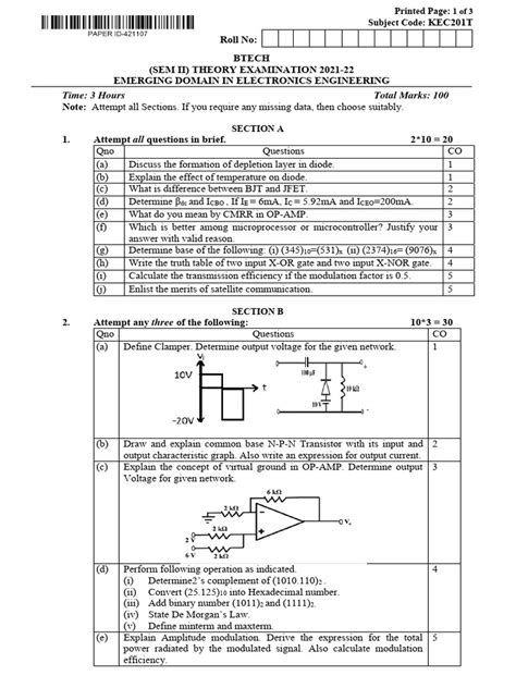 Btech 2 Sem Emerging Domain In Electronics Engineering Kec201t 2022 Pdf