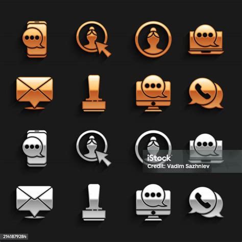 스탬프 노트북의 채팅 메시지 알림 말풍선 채팅이 있는 전화 모니터 봉투 계정 만들기 화면 및 아이콘을 설정합니다 벡터 Brand Name Online Messaging