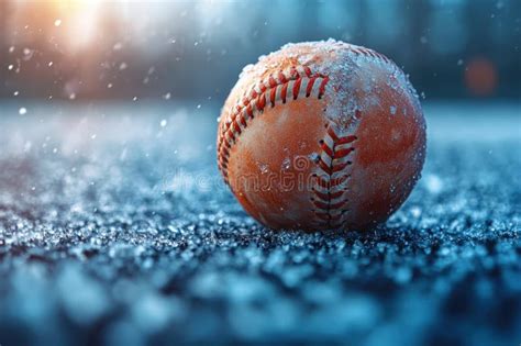 Frozen Baseball Resting On A Snowy Surface During A Winter Evening