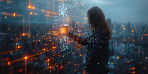 Woman Interacting With Futuristic Digital Interface Against Cityscape At Night Stock Image