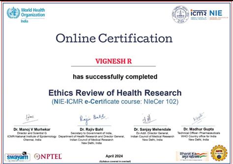 Dr Vignesh On Linkedin E Certificate For Ethics Review Of Health