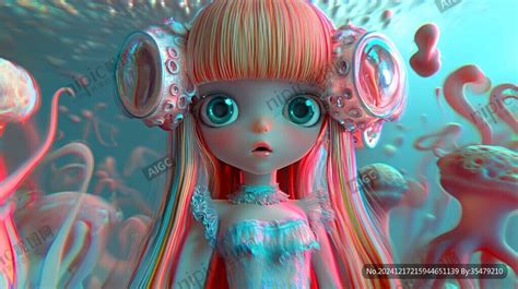 ai创作图q版人鱼 q版水族女孩 海妖斯库拉 3d动画插图 原创鱼宝宝ip poly风格 3d女娃 3d卡通女孩 原创手办玩偶 美人鱼动画