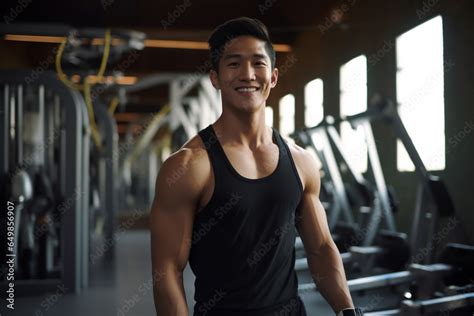 A Beautiful Strong And Fit Asian Man Is Running Concentrated And Smiling In A Beautiful Gym A