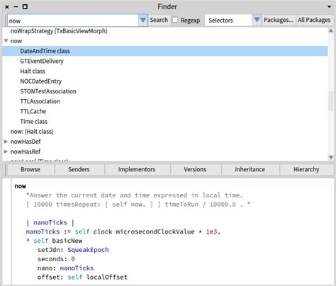 14 the finder showing all classes defining a method named now