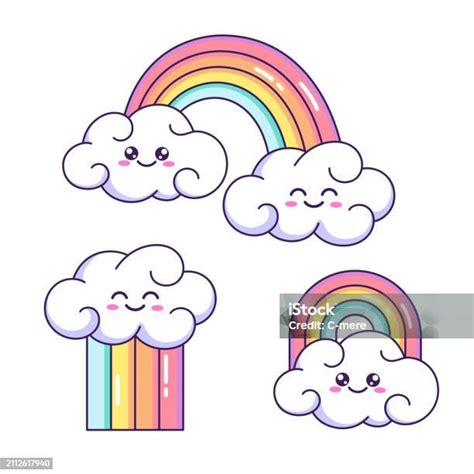 웃는 구름과 귀여운 만화 무지개 어린이 아이 벡터 일러스트 그림 무지개에 대한 스톡 벡터 아트 및 기타 이미지 무지개 어린