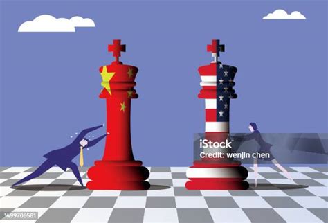 사업가는 미국 체스 말을 밀고 사업가는 중국 체스 말을 밀어 경쟁 중미 경쟁의 개념도 리더십에 대한 스톡 벡터 아트 및 기타