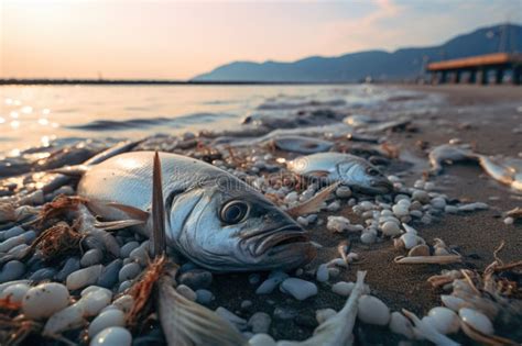 Dead Fish On The Seashore Ecologic Disaster Environment Concept Stock