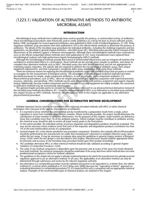 〈1223 1〉 Validation Of Alternative Methods To Antibiotic Microbial Assays Pdf