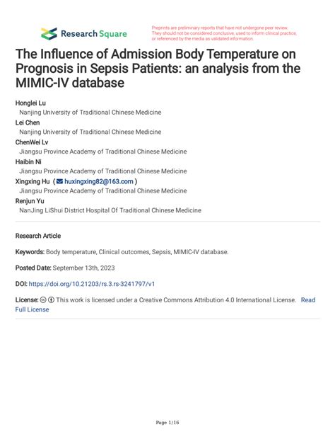 Pdf The Influence Of Admission Body Temperature On Prognosis In Sepsis Patients An Analysis