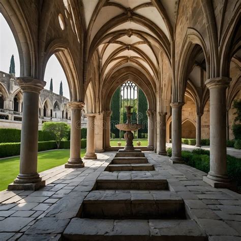 Gothic Cloister With Arched Walkways Surrounding A Central Garden Stock