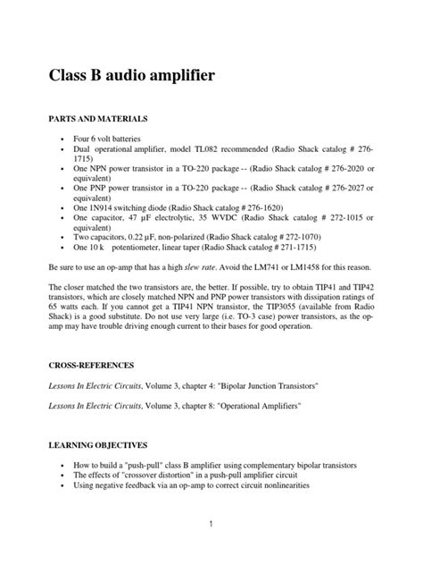 Class B Audio Amplifier Parts And Materials Pdf Operational Amplifier Amplifier