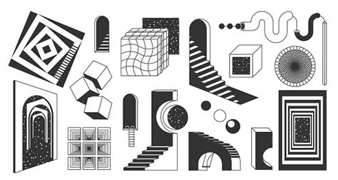 초현실적인 미니멀 라인 검은 계단 아치 및 문 3d 콜라주 기하학적 도형 모양 추상적인 창조적 우주 복고풍 환상 공간 디자인을