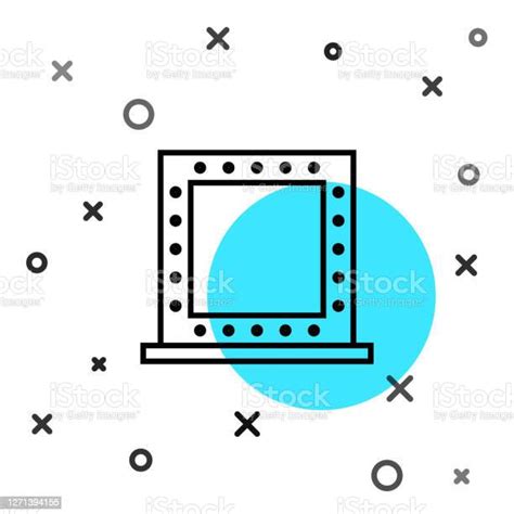 흰색 배경에 격리 된 조명 아이콘이있는 검은 색 라인 메이크업 거울 임의동적 모양 벡터 일러스트레이션 가정의 방에 대한 스톡