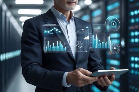 Businessman In Suit Holding Tablet With Data Visualization Charts In A Server Room Setting Stock