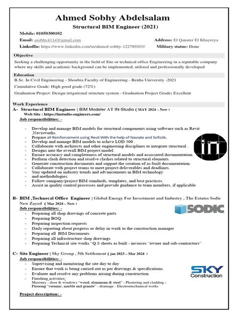 Bim Engineer Ahmed Sobhy Cv Pdf Building Information Modeling