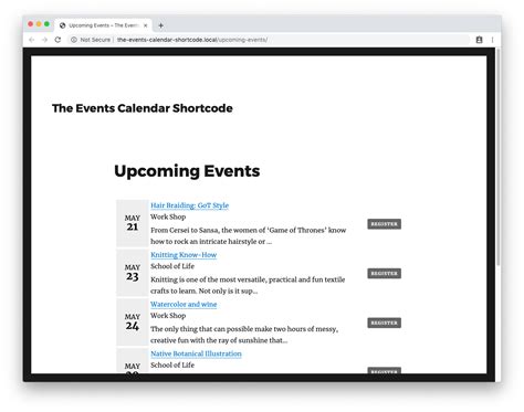a complete list of the events calendar shortcodes