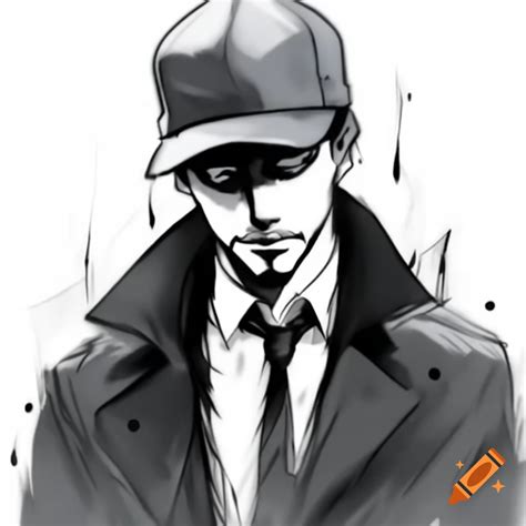 Mysterious Man In Trench Coat And Cap On Dark Road In Rain Anime Style
