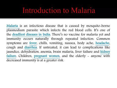 Malaria Causes Symptoms Complications Treatment And Prevention Pptx Infectious Diseases