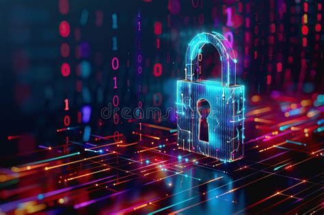 neon lit padlock with data lines and binary code in digital space stock