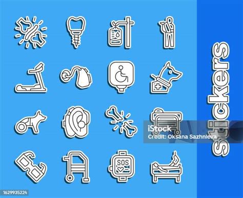 다리가 부러진 환자 들것 안내견 Iv 가방 보청기 러닝머신 기계 관절 통증 무릎 통증 및 장애인 휠체어 아이콘을 설정합니다 벡터 X 레이에 대한 스톡 벡터 아트 및 기타
