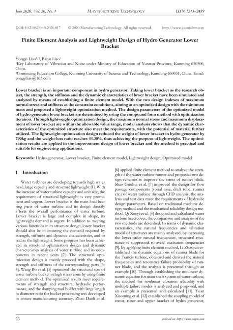 Pdf Finite Element Analysis And Lightweight Design Of Hydro Generator Lower Bracket