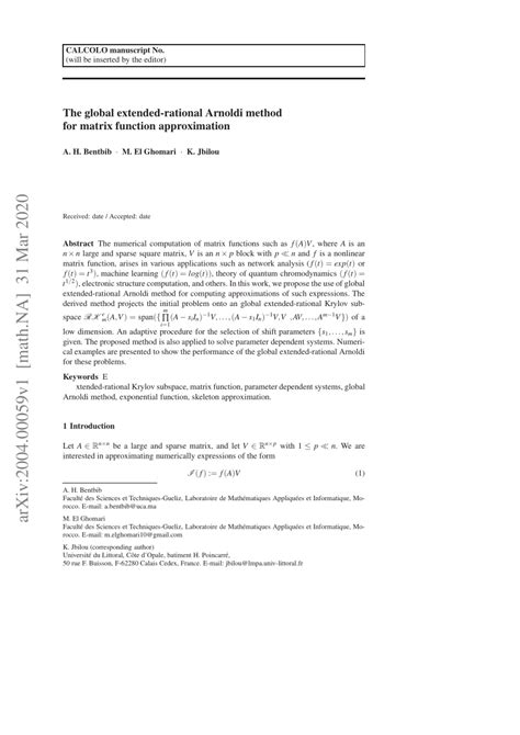 Pdf The Global Extended Rational Arnoldi Method For Matrix Function