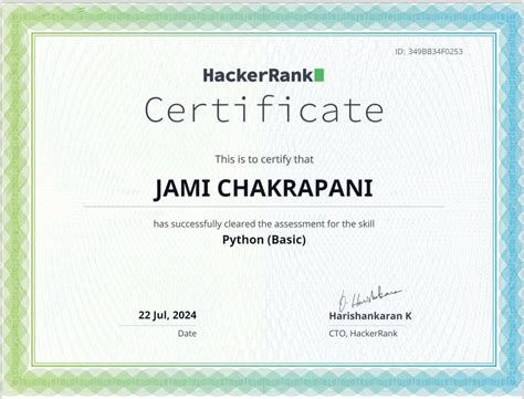 completed python basic certification on hackerrank chakrapani jami
