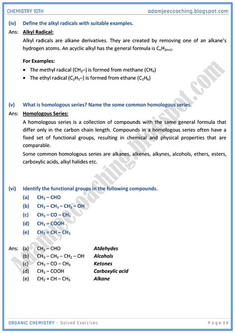 Adamjee Coaching Organic Chemistry Solved Exercise Chemistry 10th