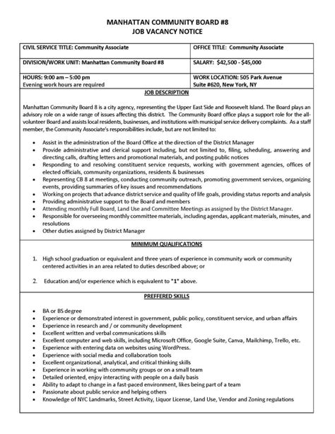 Cb8 Community Associate Opening New York Manhattan And Roosevelt