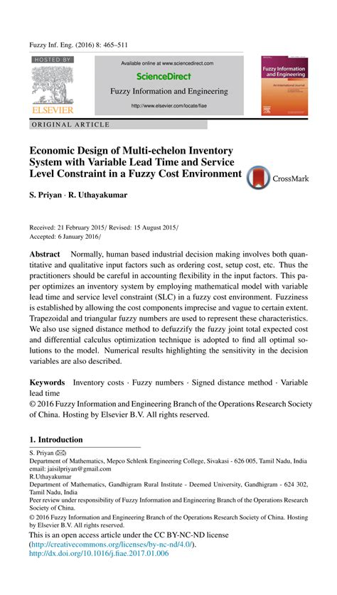 pdf economic design of multi echelon inventory system with variable