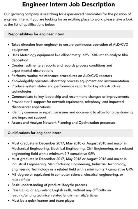 Engineer Intern Job Description Velvet Jobs