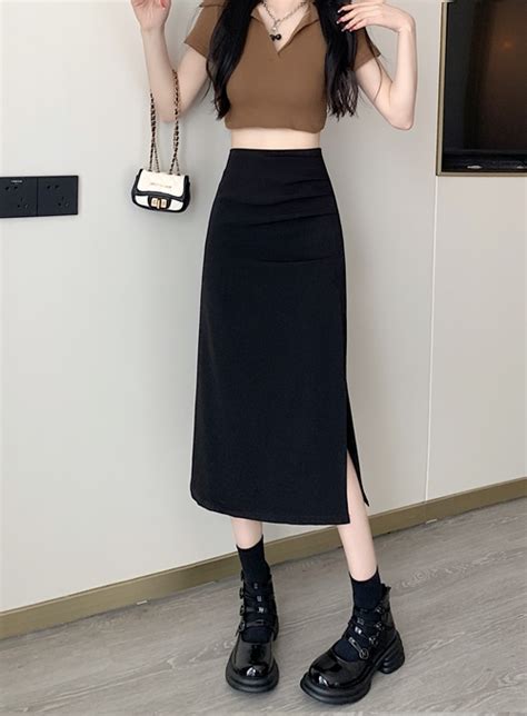 하이웨이스트 깔끔한 슬릿 레트로 A라인 드레이프 여성 깔끔한 출근룩 여성스러운 롱 미디