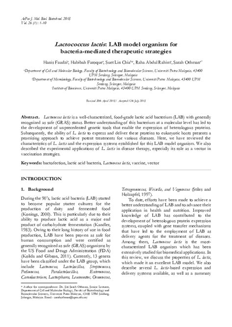 Pdf Lactococcus Lactis Lab Model Organism For Bacteria Mediated