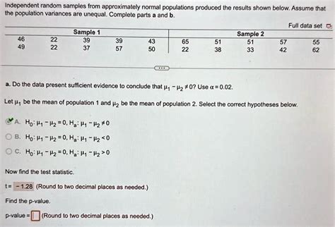 Independent Random Samples From Approximately Normal Populations Produced The Results Shown