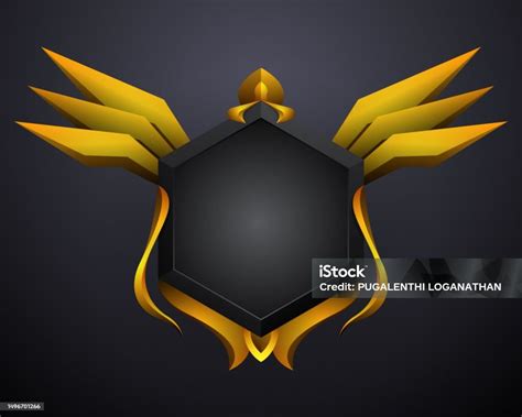 Elegant Black And Gold Hexagonal Shape Badge With Wings On Black Background Stock Illustration