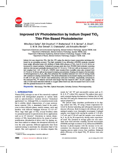 Pdf Improved Uv Photodetection By Indium Doped Tio₂ Thin Film Based Photodetector