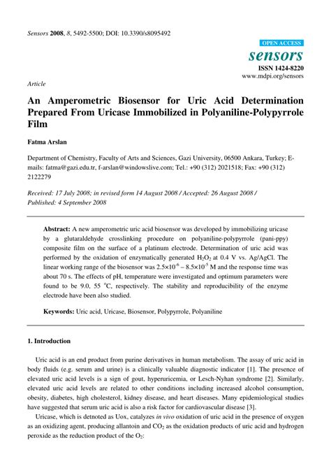 Pdf An Amperometric Biosensor For Uric Acid Determination Prepared From Uricase Immobilized In