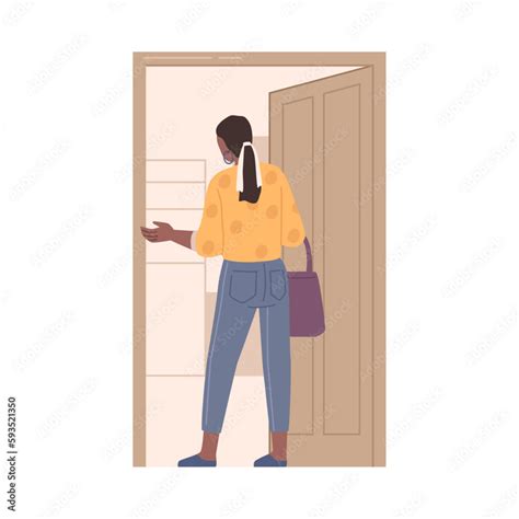 Female Character Opening Doors Entering Room Or Building Woman Back