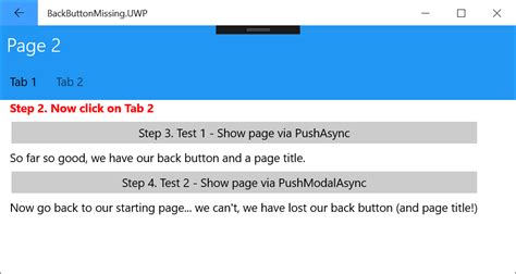 UWP Missing Back Button After PushModalAsync Issue 6107 Xamarin