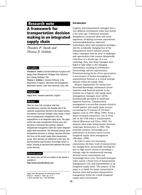Decision Making Transportation A Framework For Transportation Decision Making In An Integrated