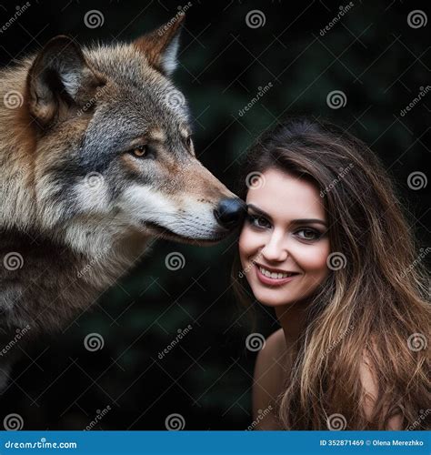 Girl With Wolf In The Forest Among Trees Editorial Stock Image