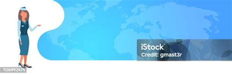 스튜 어디 스 여자 유니폼과 모자를 가리키는 세계 지도 공항 승무원 직업 직업 개념 여성 캐릭터 전체 길이 평면 수평 배너 개념에 대한 스톡 벡터 아트 및 기타 이미지
