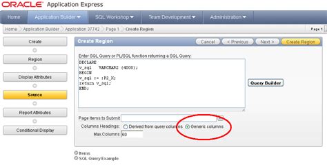 plsql ad hoc sql query region within apex web app stack overflow