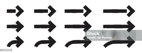 다양한 그런 지 브러시가 그려진 화살표 긁힌 자국이 있는 구부러진 브러시 스트로크 흰색 배경에 고립되어 있습니다 벡터 일러스트 레이 션 개체 그룹에 대한 스톡 벡터 아트 및
