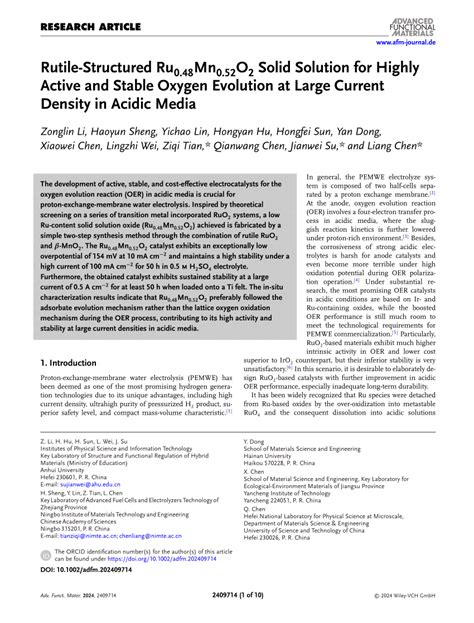 Rutile‐structured Ru0 48mn0 52o2 Solid Solution For Highly Active And
