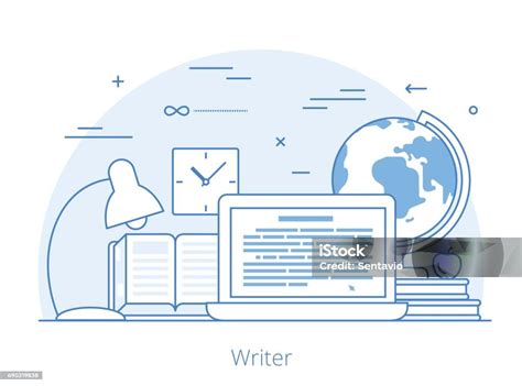 선화 평면 카피 라이팅 작가 서비스 웹사이트 영웅 이미지 벡터 일러스트 디지털 서비스 도구 및 기술 개념입니다 노트북 책 텍스트