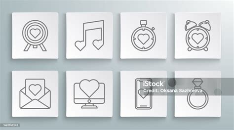하트 음악 노트 톤 하트 컴퓨터 모니터 휴대 전화 결혼 반지 하트 센터 스톱워치 알람 시계 및 다트 대상 목표 아이콘으로 라인 봉투를 설정합니다 벡터 결혼식에 대한 스톡