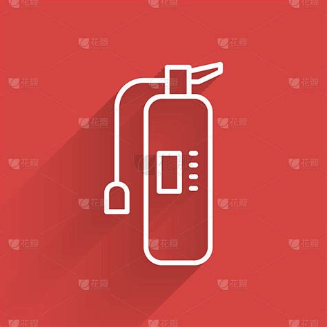 白色线灭火器图标与长阴影隔离。向量