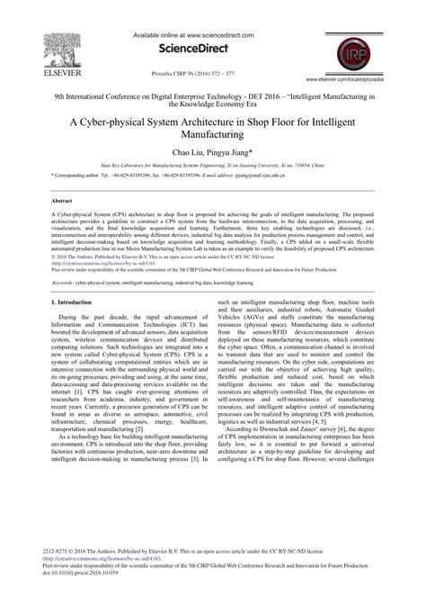 Pdf A Cyber Physical System Architecture In Shop Floor For Intelligent Manufacturing